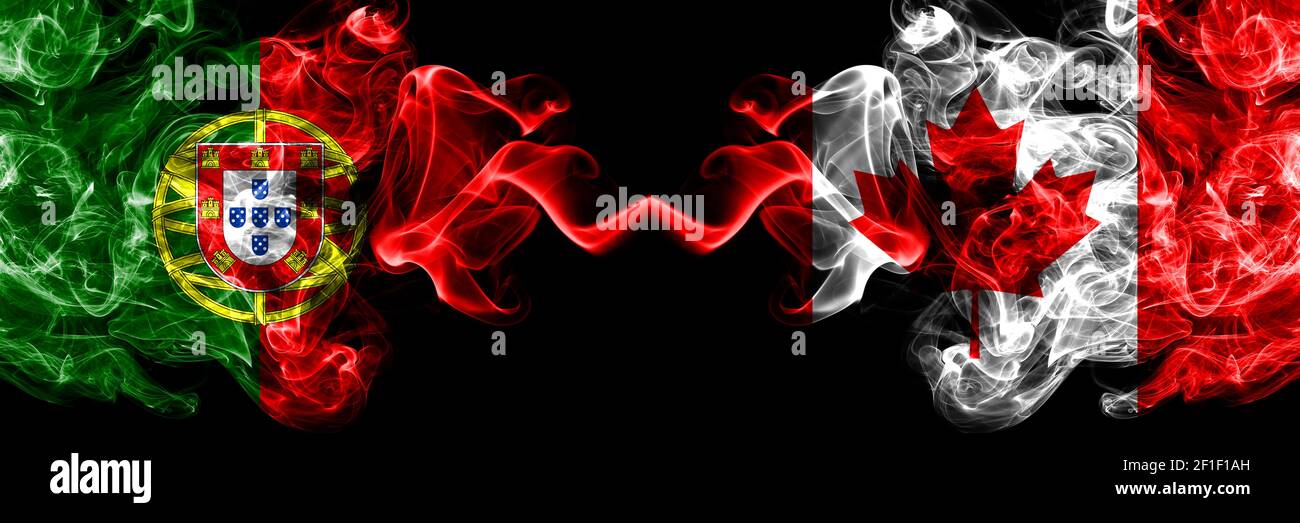 Portugal, Portuguese vs Canada, Canadian smoky mystic flags placed side ...