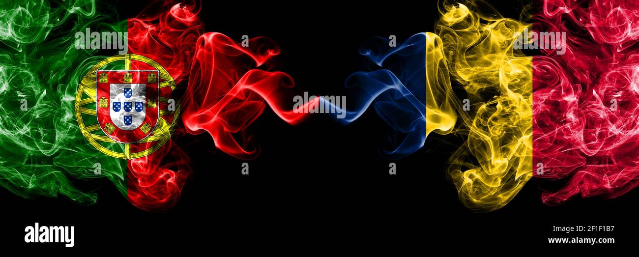 Portugal, Portuguese vs Chad, Chadian smoky mystic flags placed side by ...