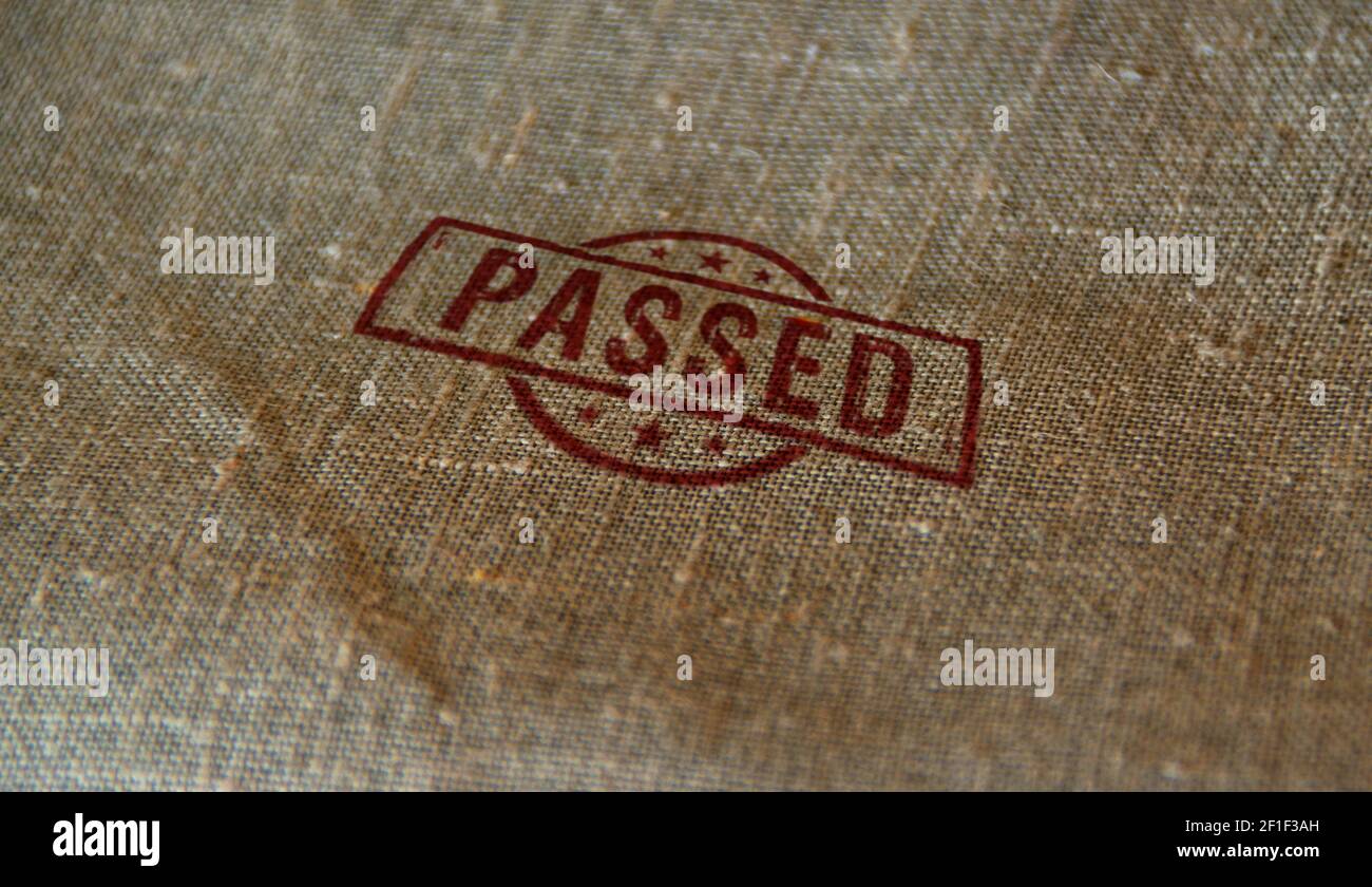 Passed stamp printed on linen sack. Quality production check concept ...