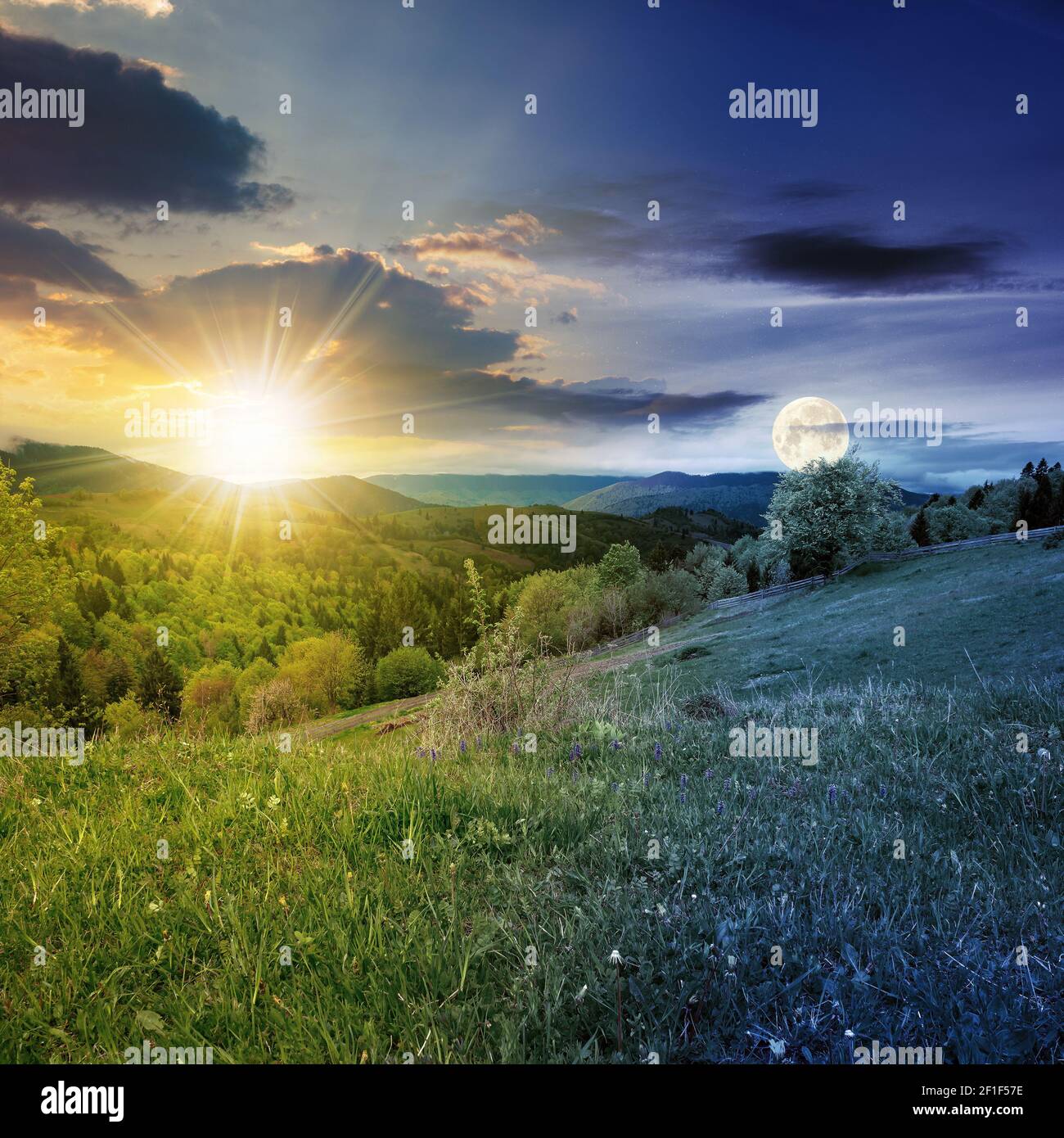 day and night equinox time change concept above mountainous countryside ...