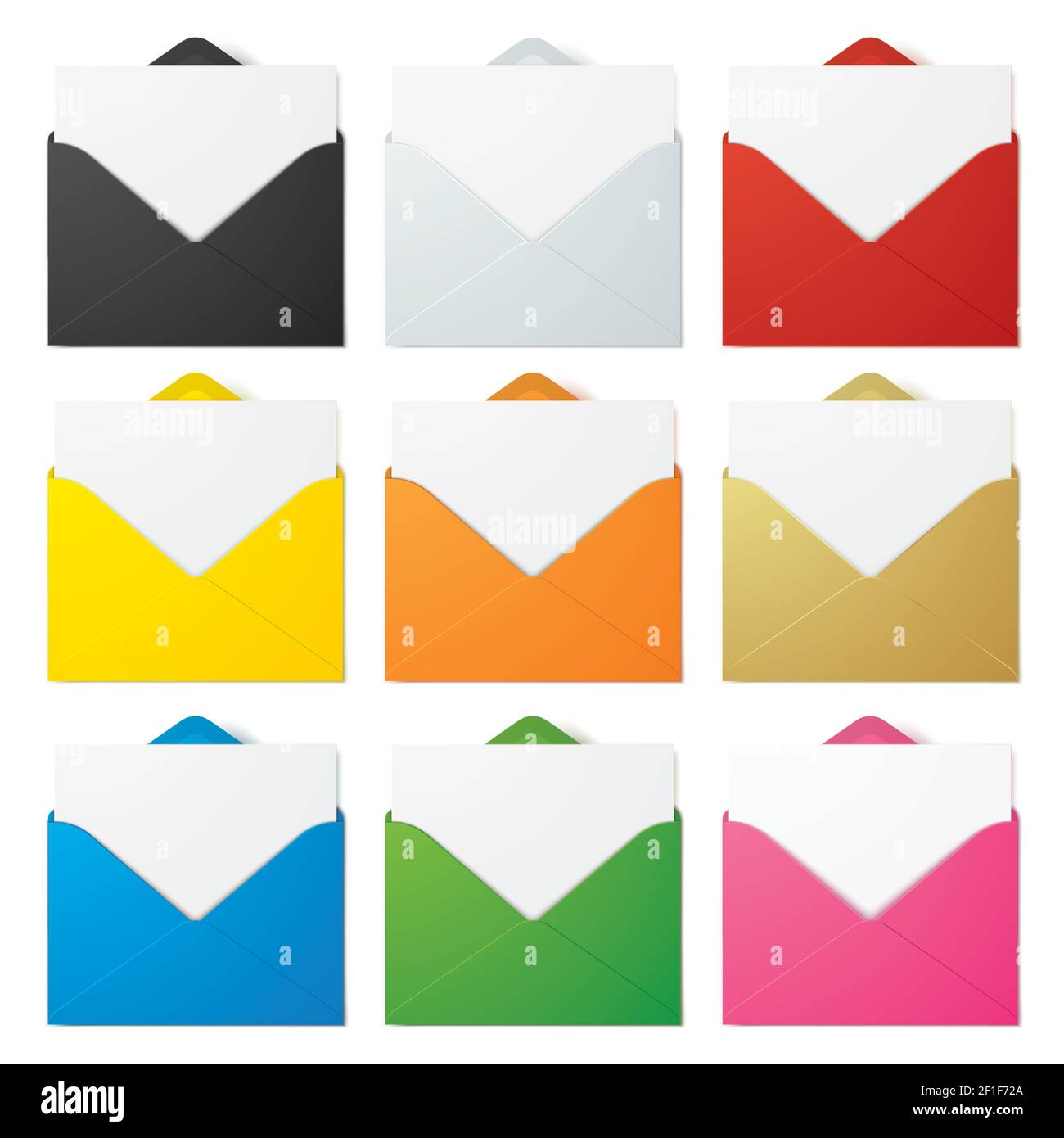 Vector set of realistic envelopes in different colors. Mockup of an unfolded envelope with a ...