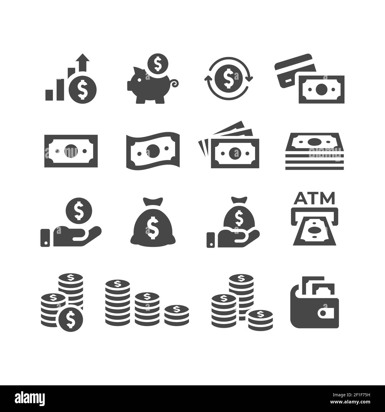 Money or financial vector icon set. Dollar coin, money stack, wallet ...
