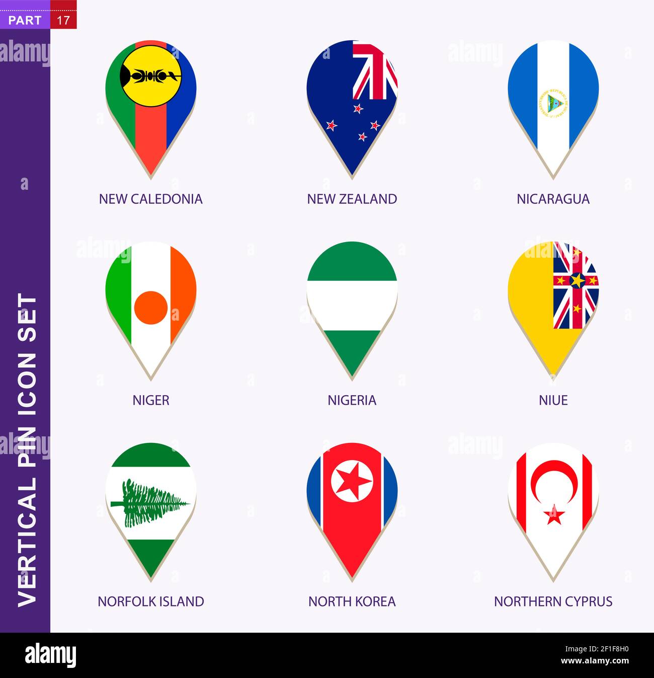 Vertical pin icon set, 9 country flag: New Caledonia, New Zealand ...