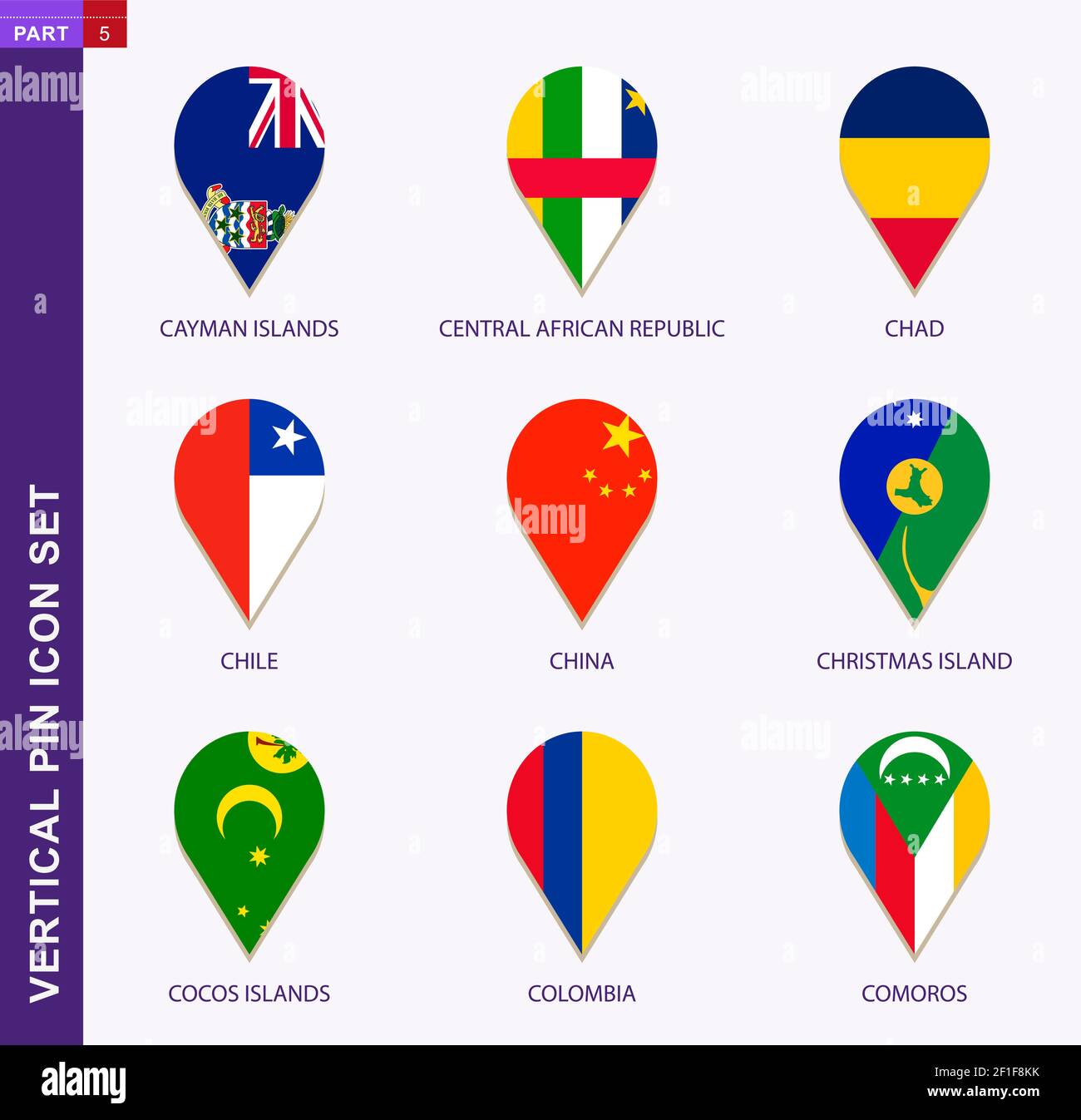 Vertical pin icon set, 9 country flag: Cayman Islands, Central African ...