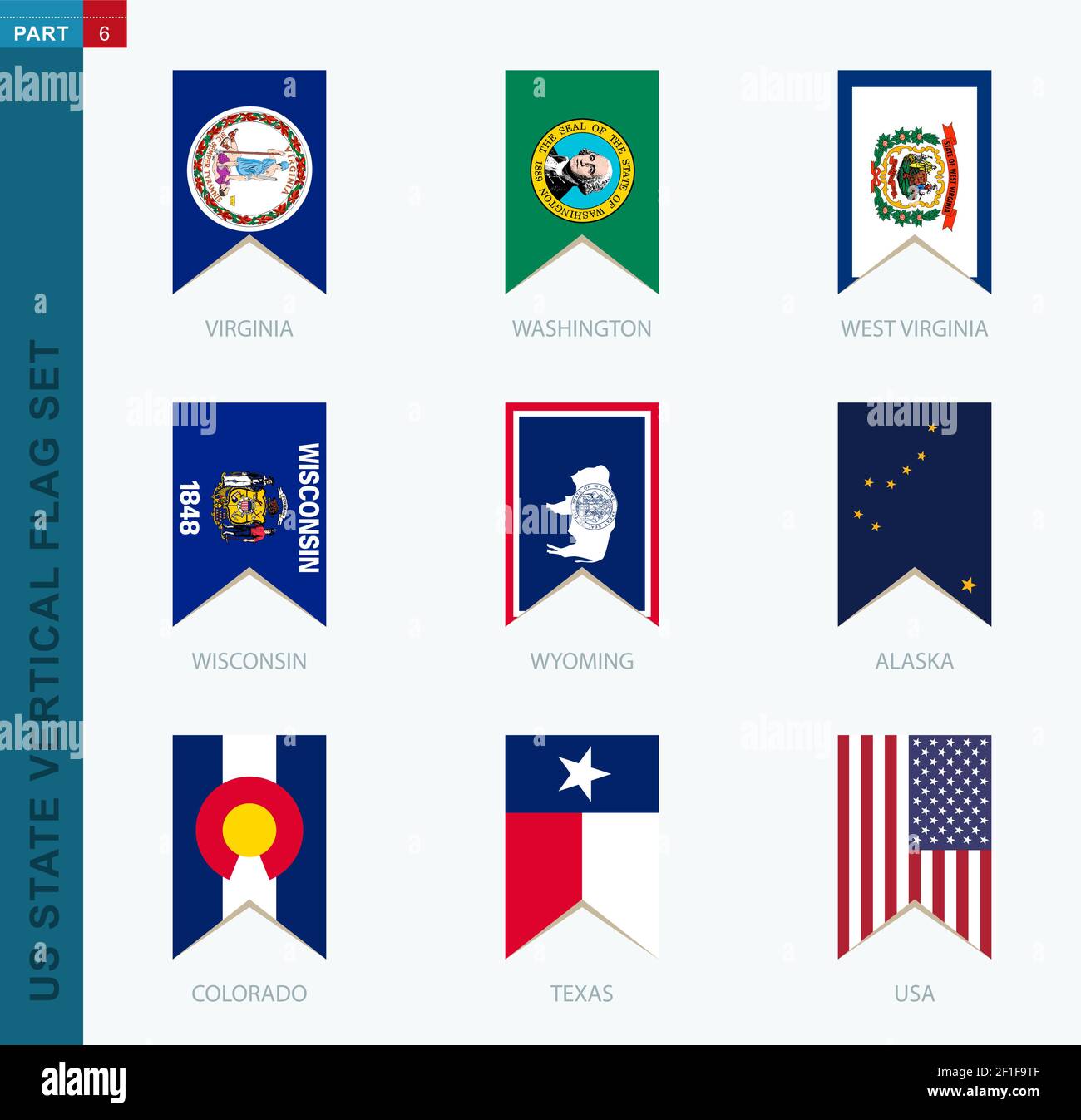 Nine vector vertical US state flag set. Vertical icon with state flag ...