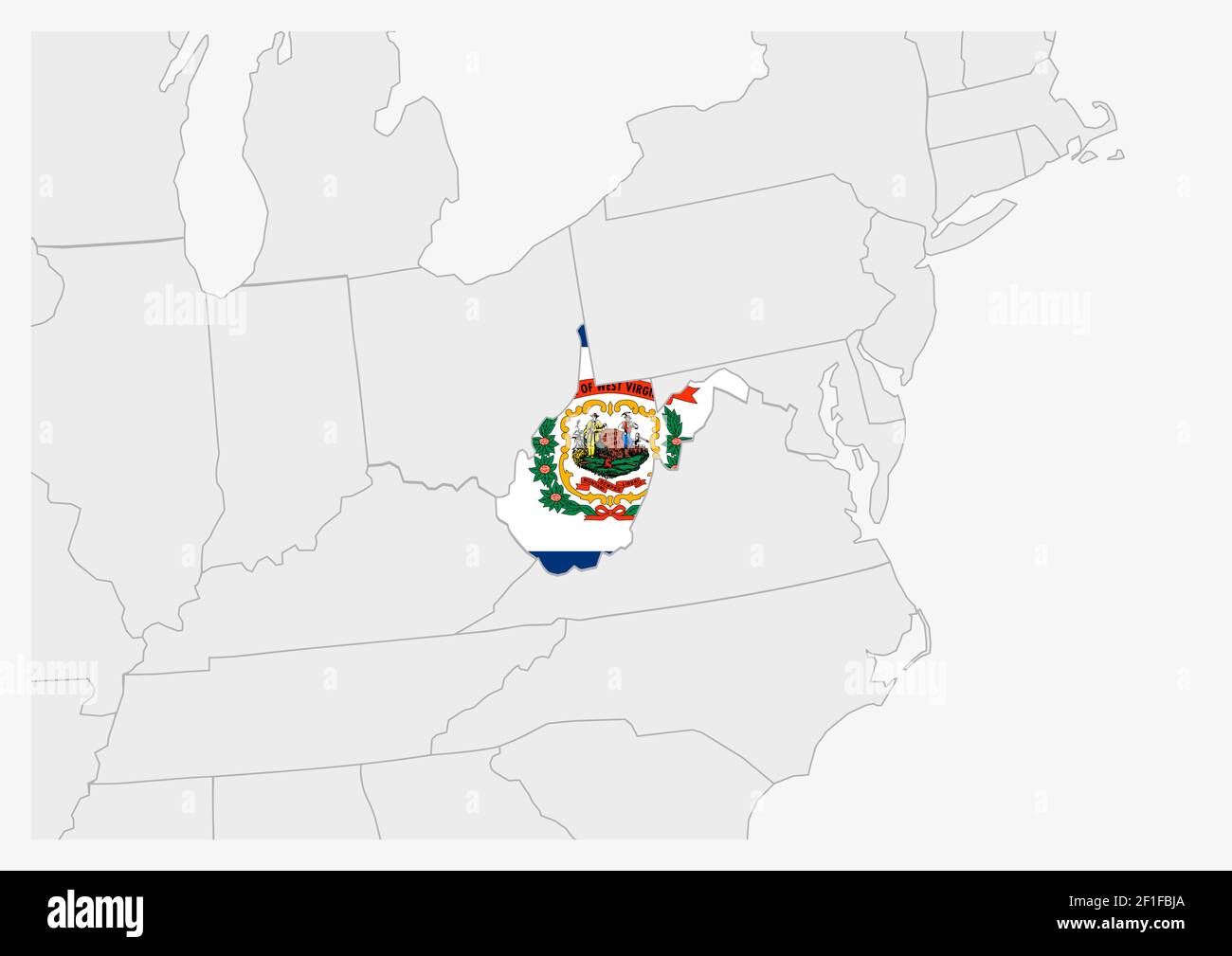 US state West Virginia map highlighted in West Virginia flag colors ...