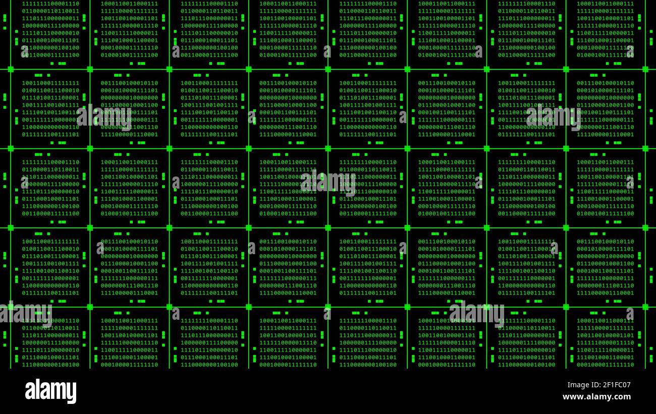 Abstract graphics technology background in green - blocks of binary code arranged as a square ...