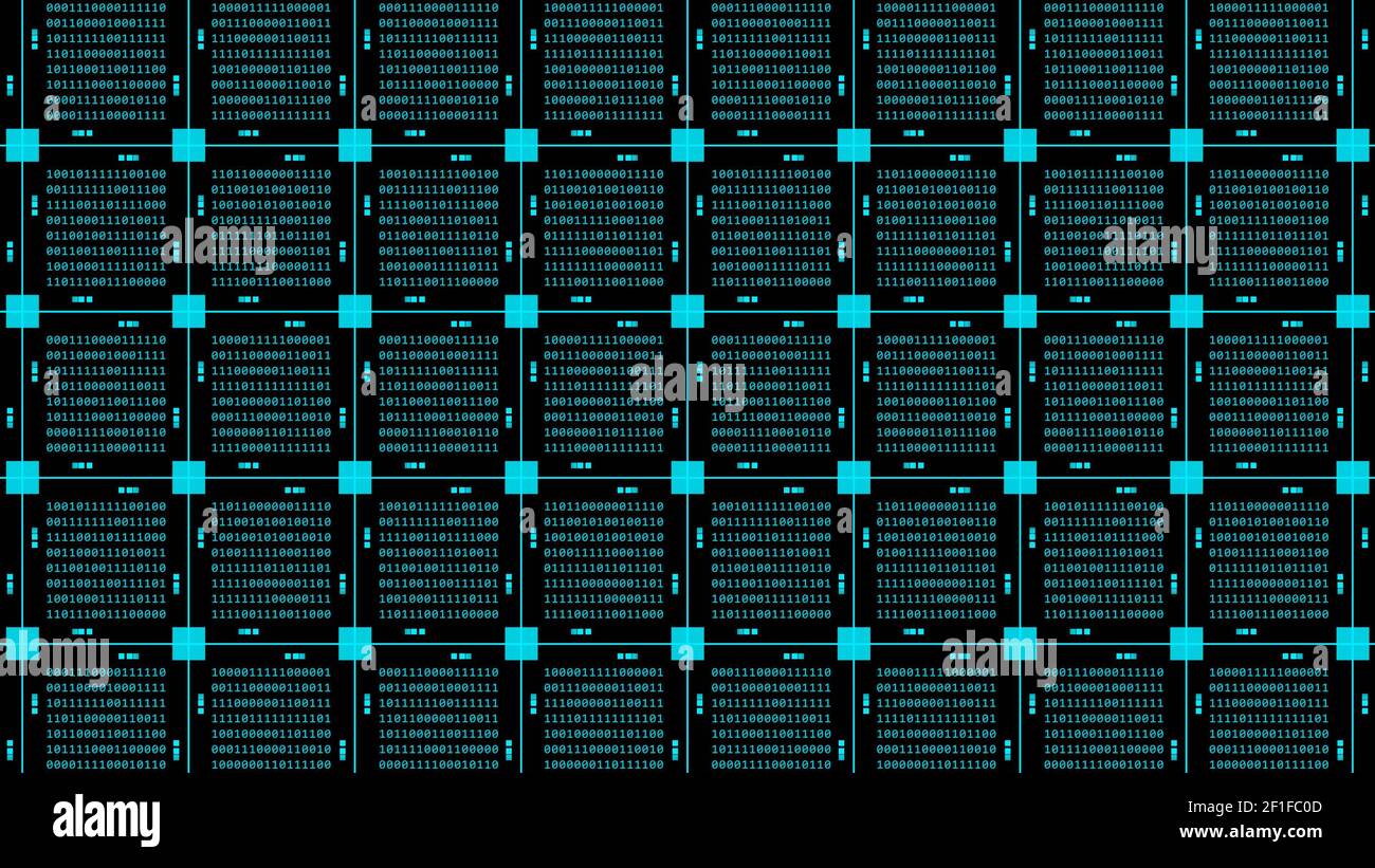 Abstract graphics technology background in turquoise - blocks of binary code arranged as a ...