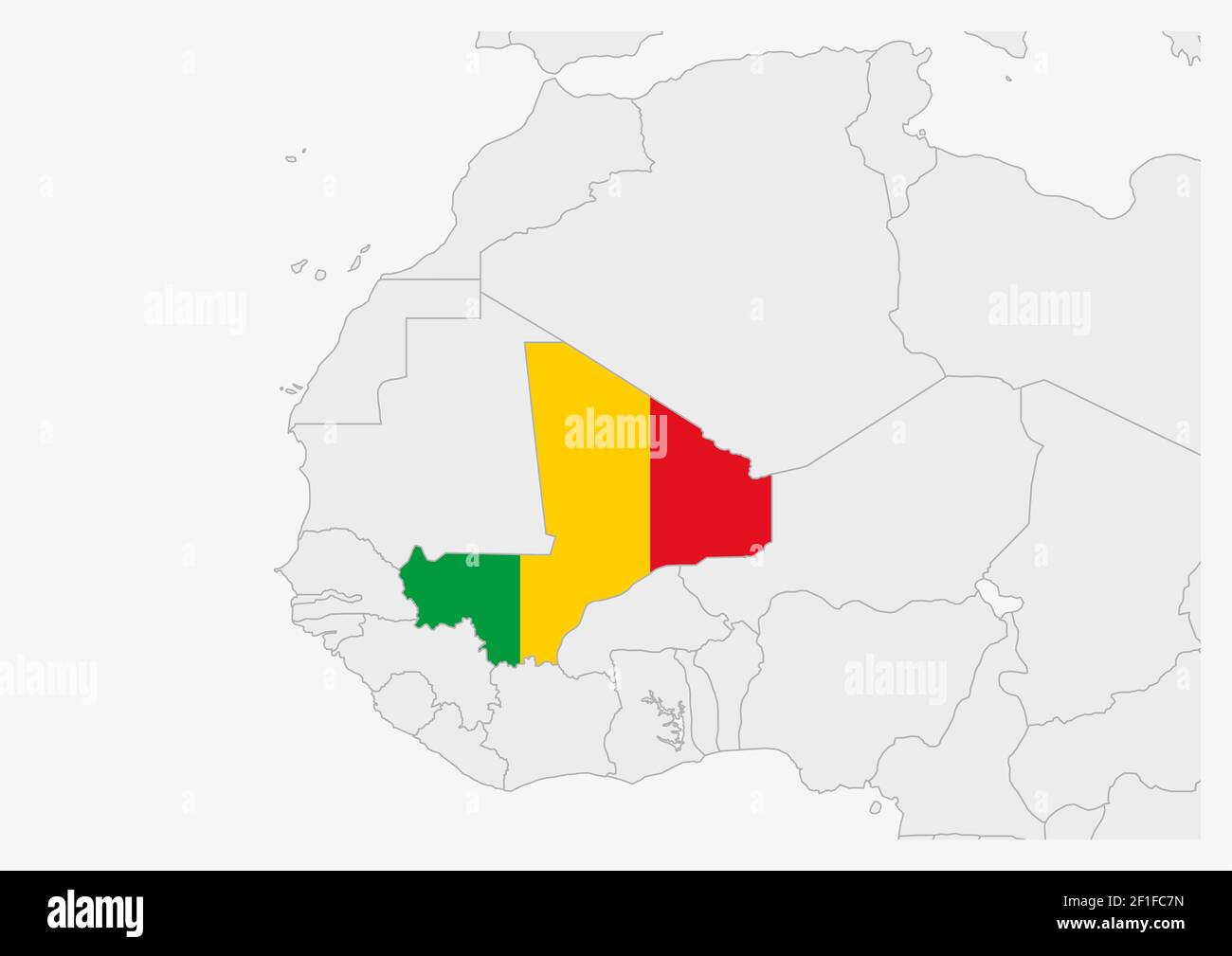 Mali map highlighted in Mali flag colors, gray map with neighboring ...