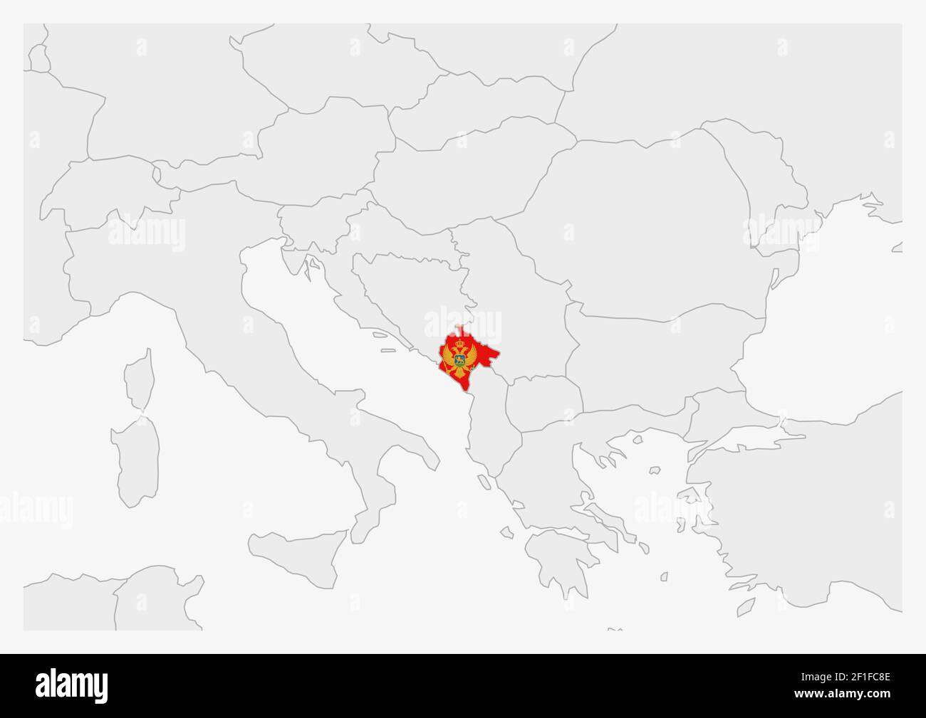 Montenegro map highlighted in Montenegro flag colors, gray map with ...