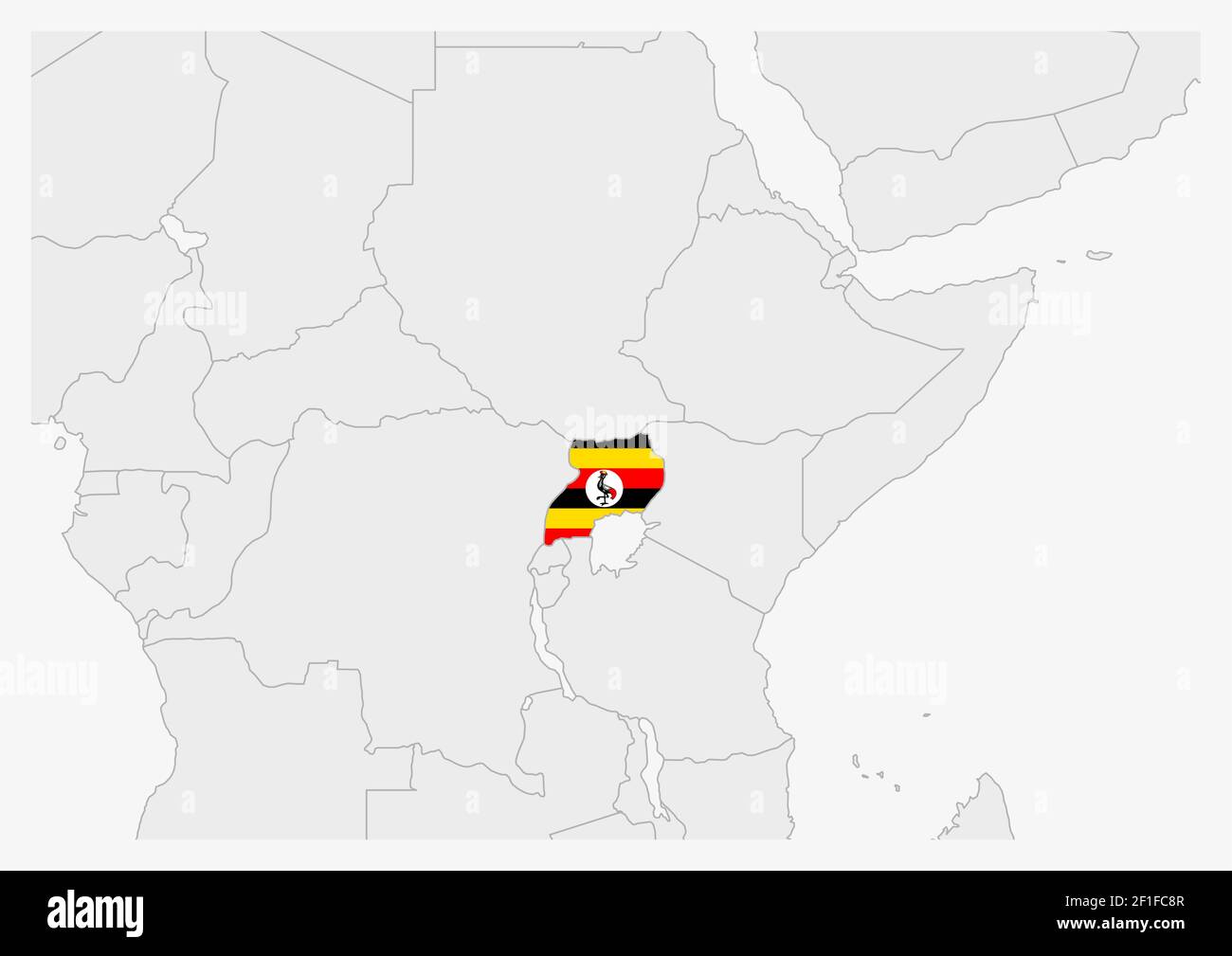 Uganda map highlighted in Uganda flag colors, gray map with neighboring ...