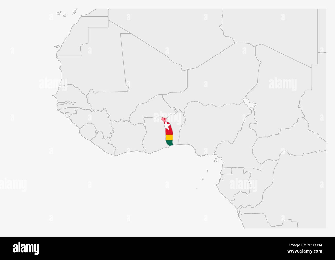 Togo map highlighted in Togo flag colors, gray map with neighboring ...