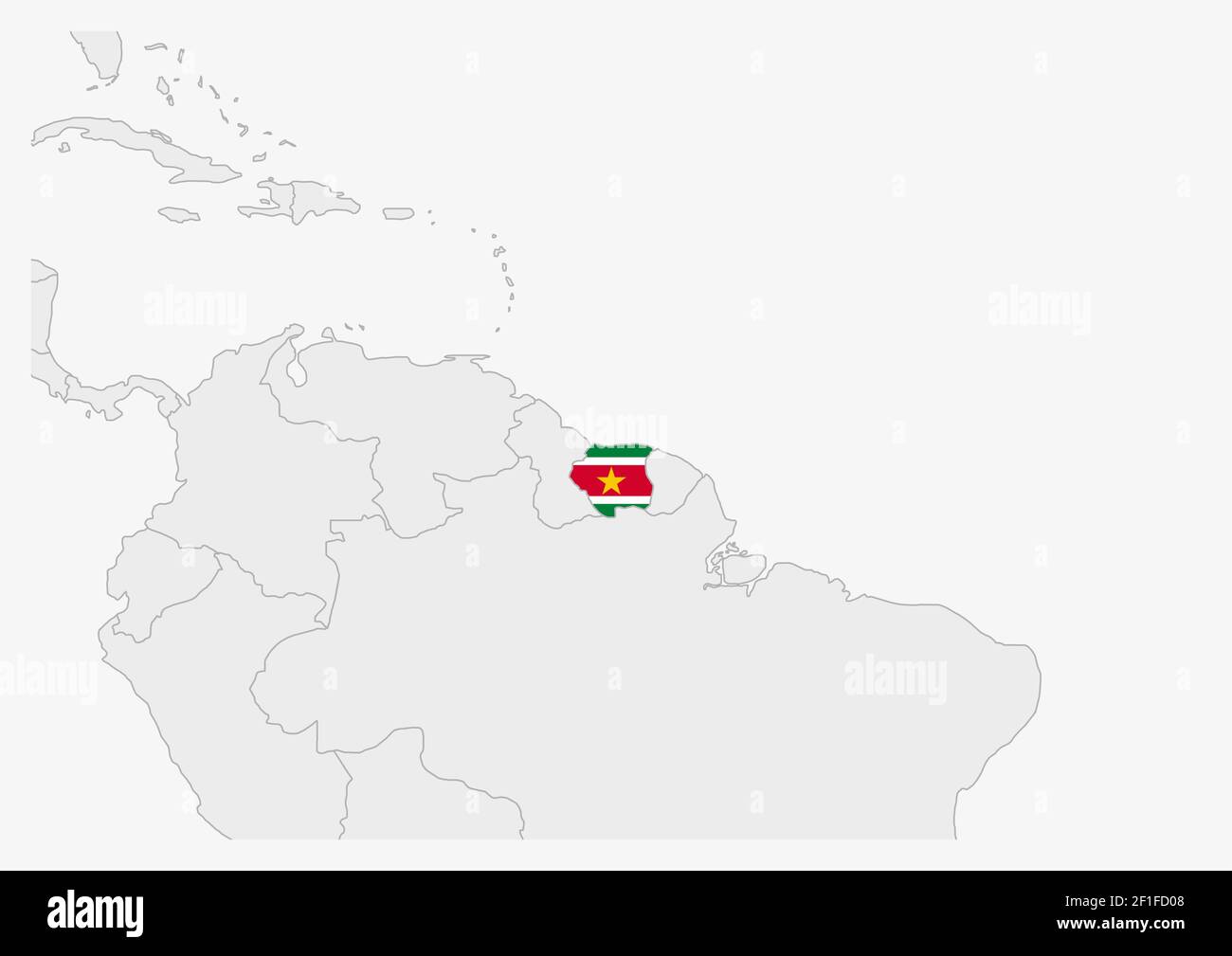 Suriname map highlighted in Suriname flag colors, gray map with ...