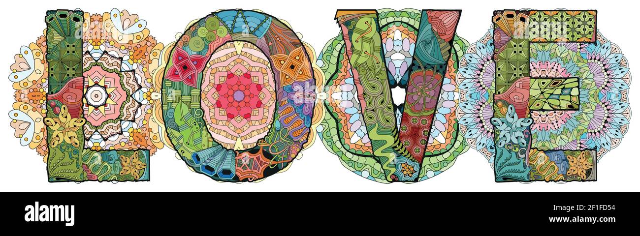 Hand-painted art design. Illustration word LOVE with mandalas for t ...
