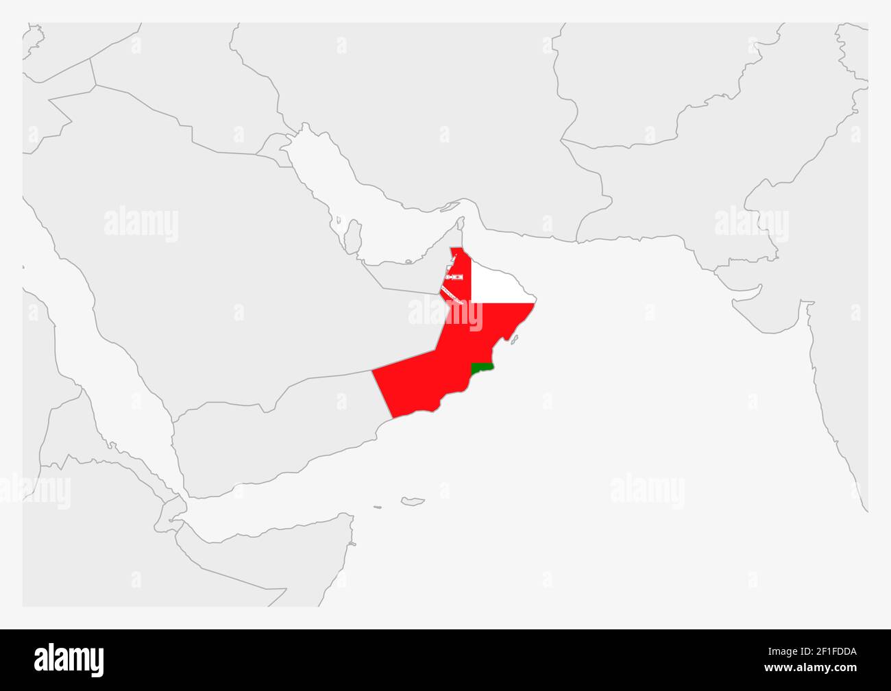 Oman map highlighted in Oman flag colors, gray map with neighboring ...