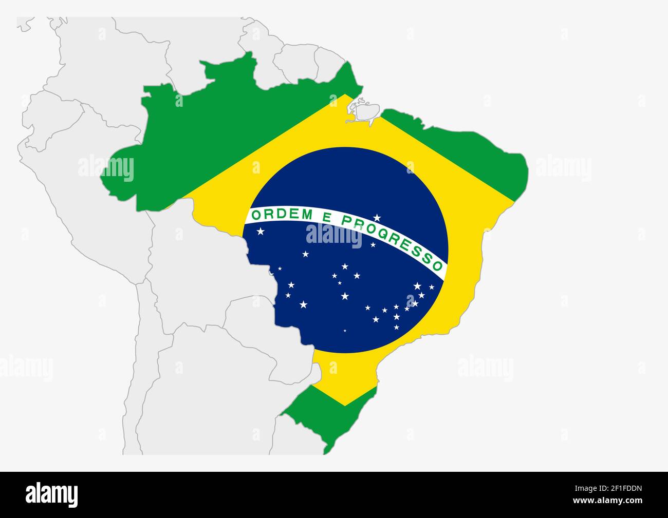 Brazil map highlighted in Brazil flag colors, gray map with neighboring ...