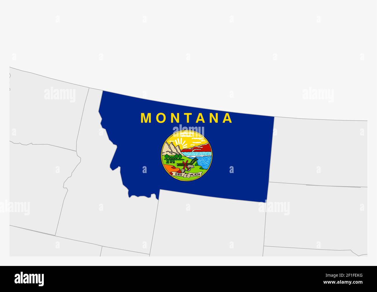 US state Montana map highlighted in Montana flag colors, gray map with ...