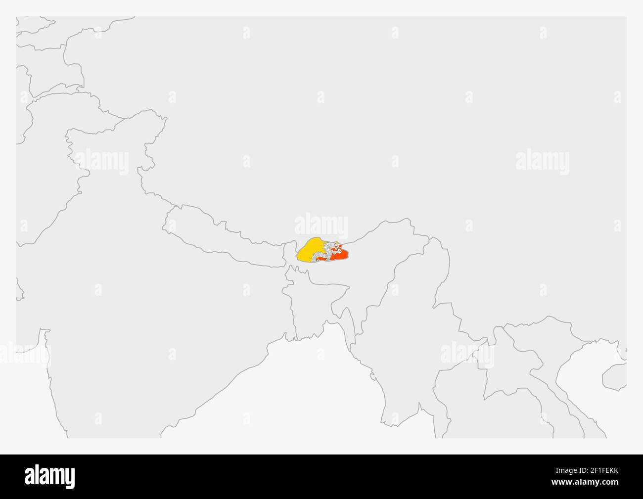 Bhutan map highlighted in Bhutan flag colors, gray map with neighboring ...