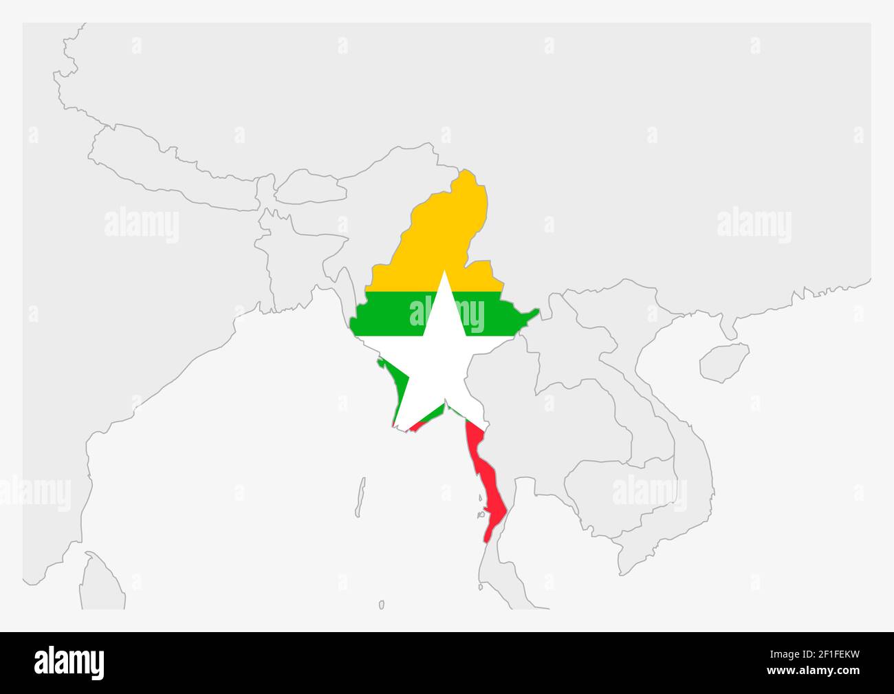 Myanmar map highlighted in Myanmar flag colors, gray map with ...