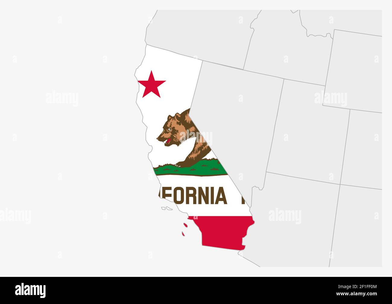 US state California map highlighted in California flag colors, gray map ...