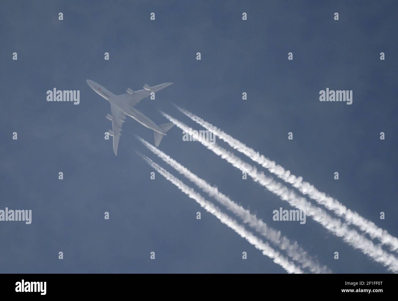8 March 2021. Cargolux Boeing 747 Jumbo Jet cargo flight crosses above ...