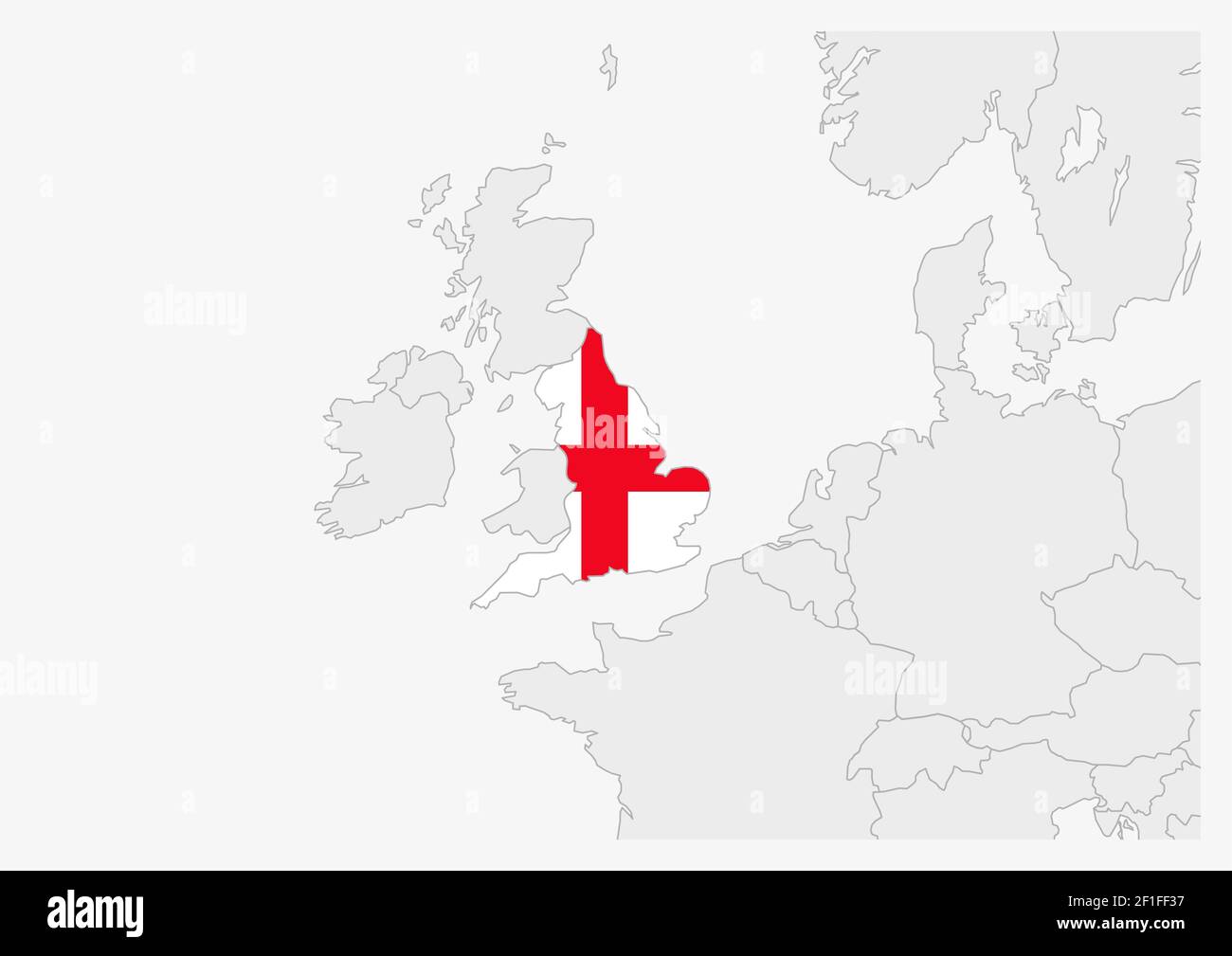 England map highlighted in England flag colors, gray map with ...