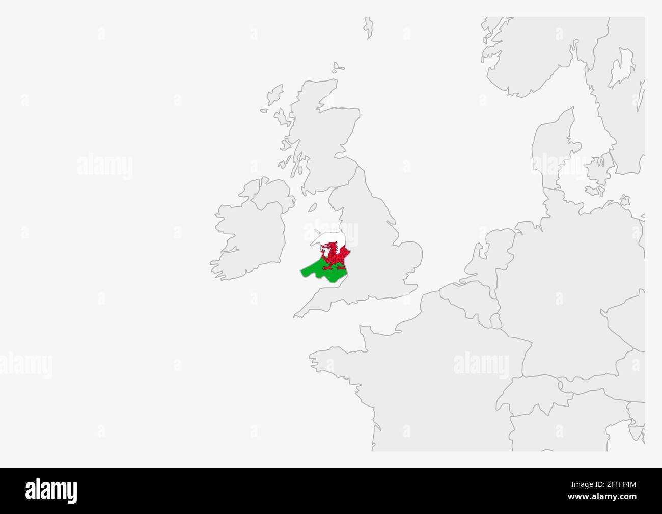 Wales map highlighted in Wales flag colors, gray map with neighboring ...