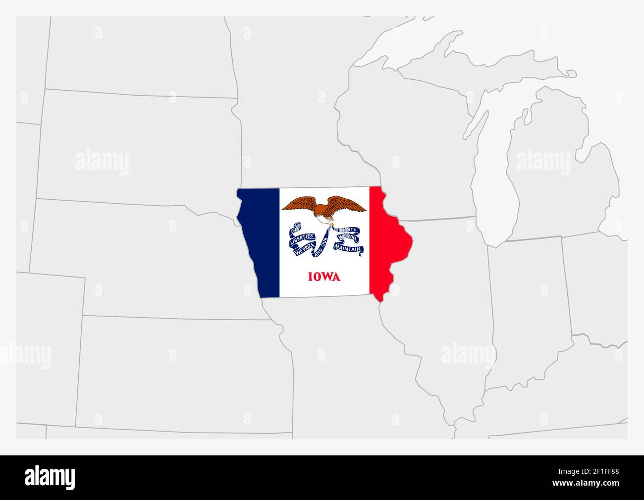 US state Iowa map highlighted in Iowa flag colors, gray map with ...