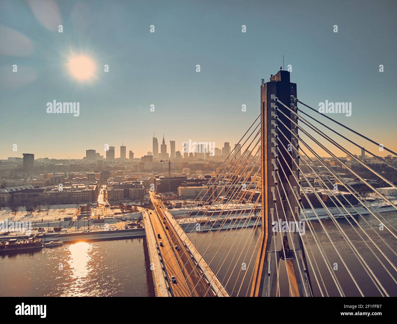 Beautiful panoramic winter aerial drone view to Warsaw city center with ...