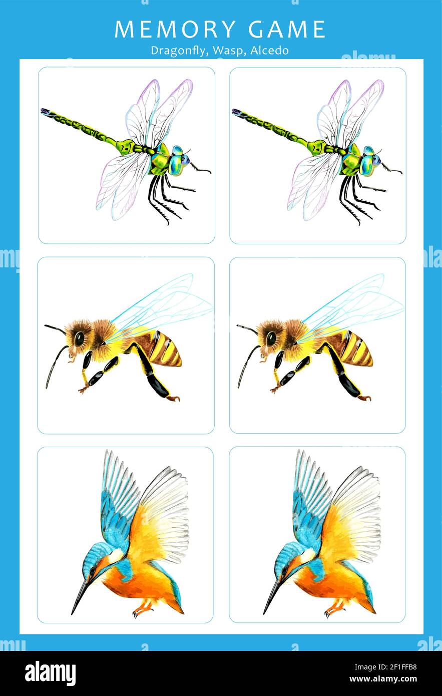 Memory game with hand drawn watercolor illustrations of colorful ...