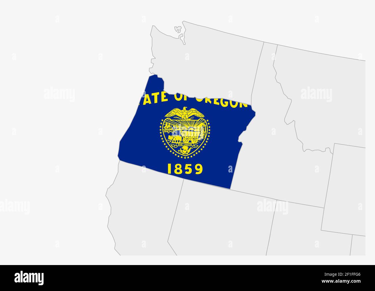 US state Oregon map highlighted in Oregon flag colors, gray map with ...