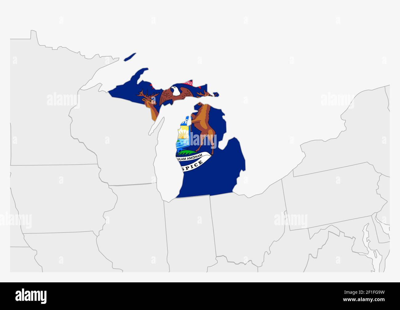 US state Michigan map highlighted in Michigan flag colors, gray map ...
