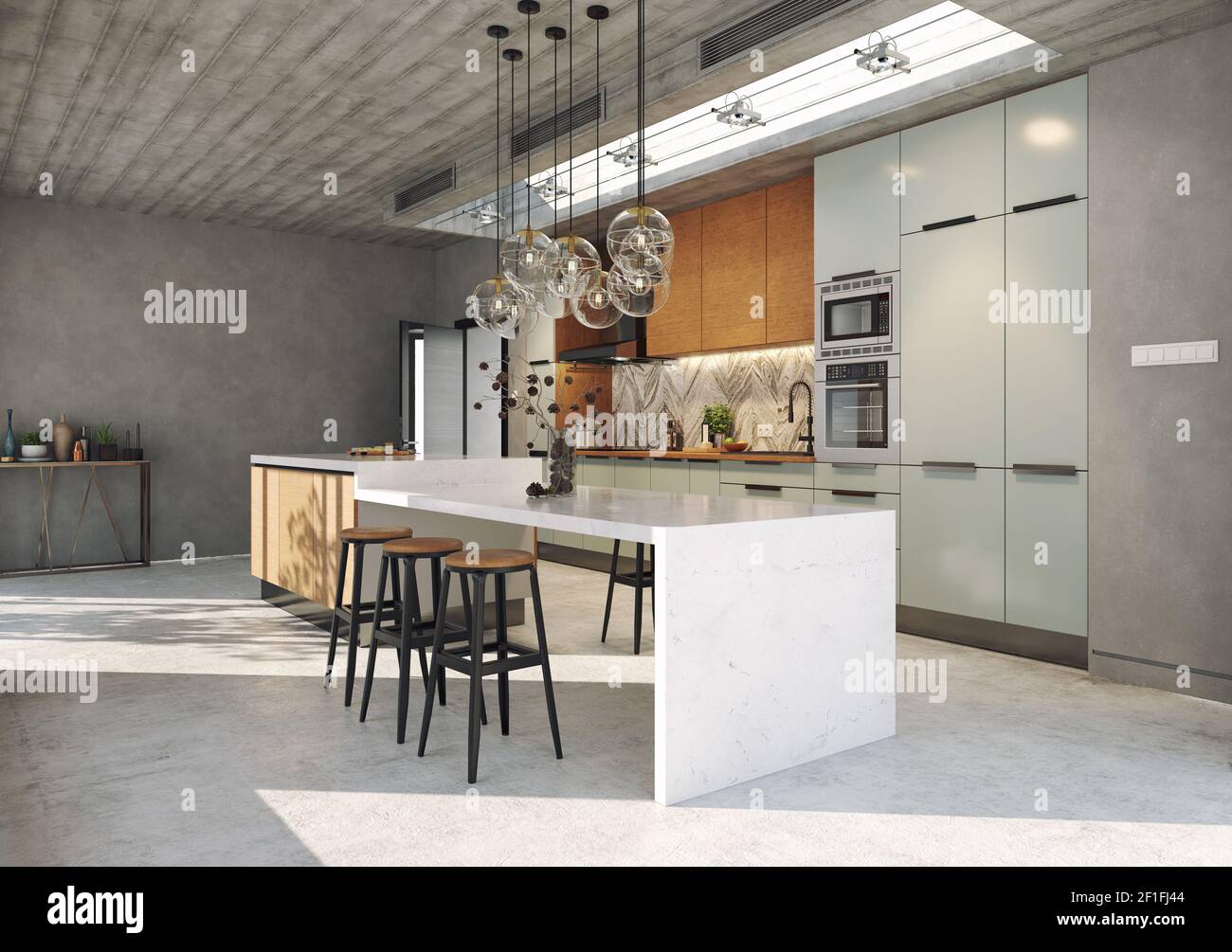 modern loft style kitchen interior. 3d rendering design concept Stock ...