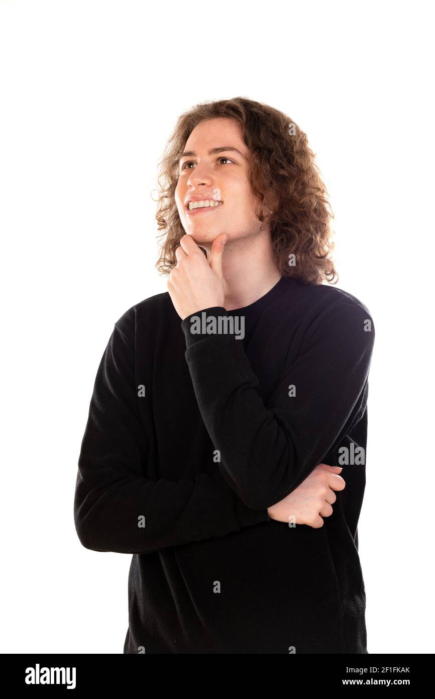 Cool guy with long hair isolated on a white background Stock Photo - Alamy