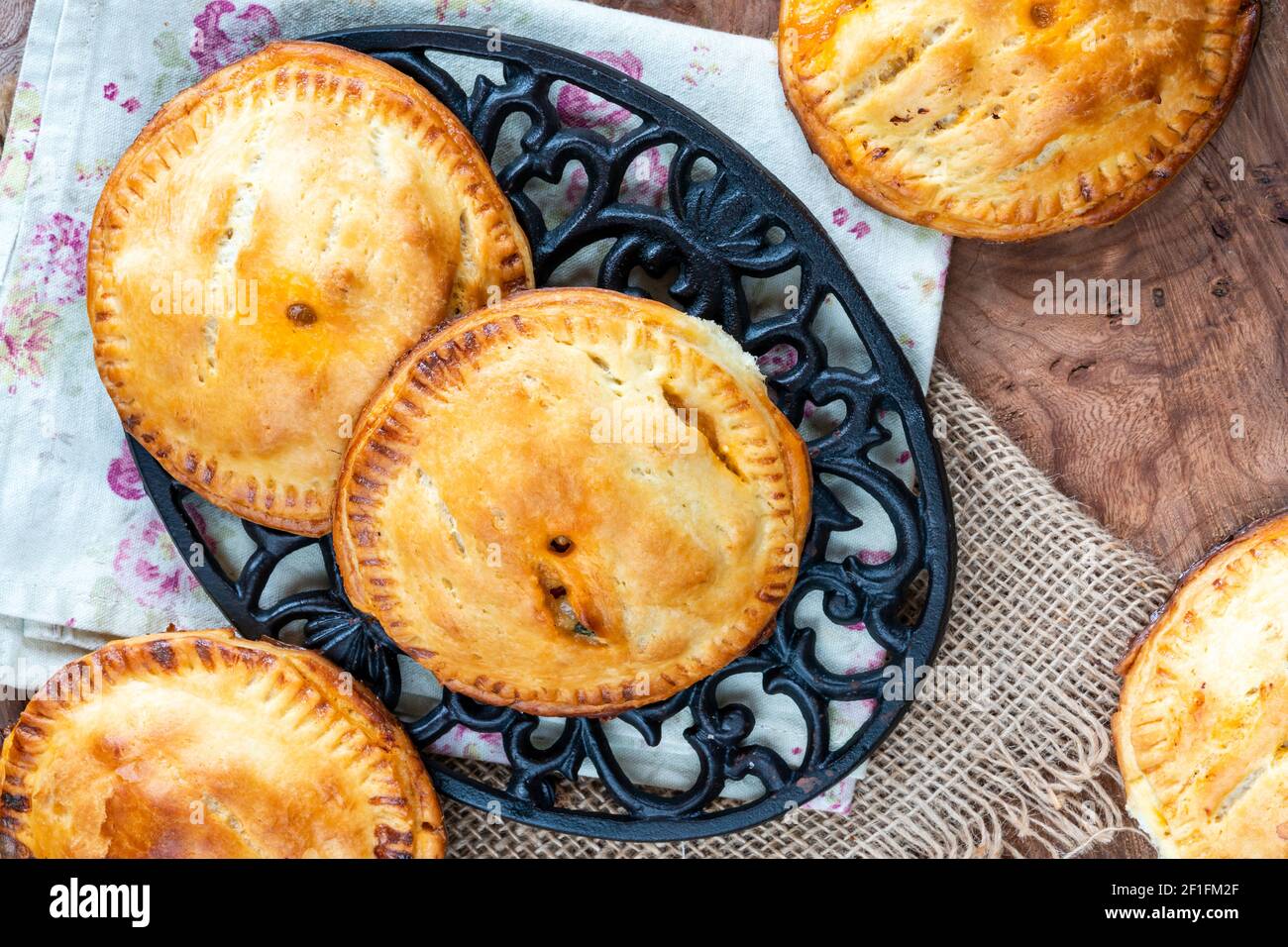Chicken and chorizo pies in shortcrust pastry - overhead view Stock ...