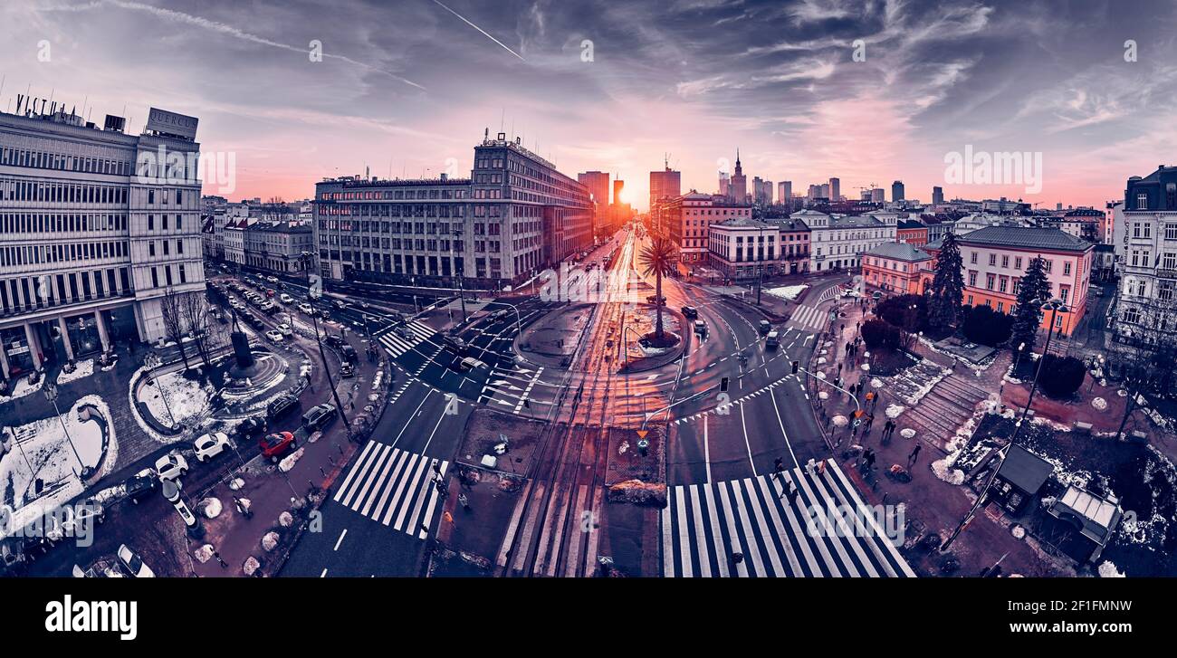 Beautiful panoramic aerial sunset drone skyline view of the Warsaw City ...