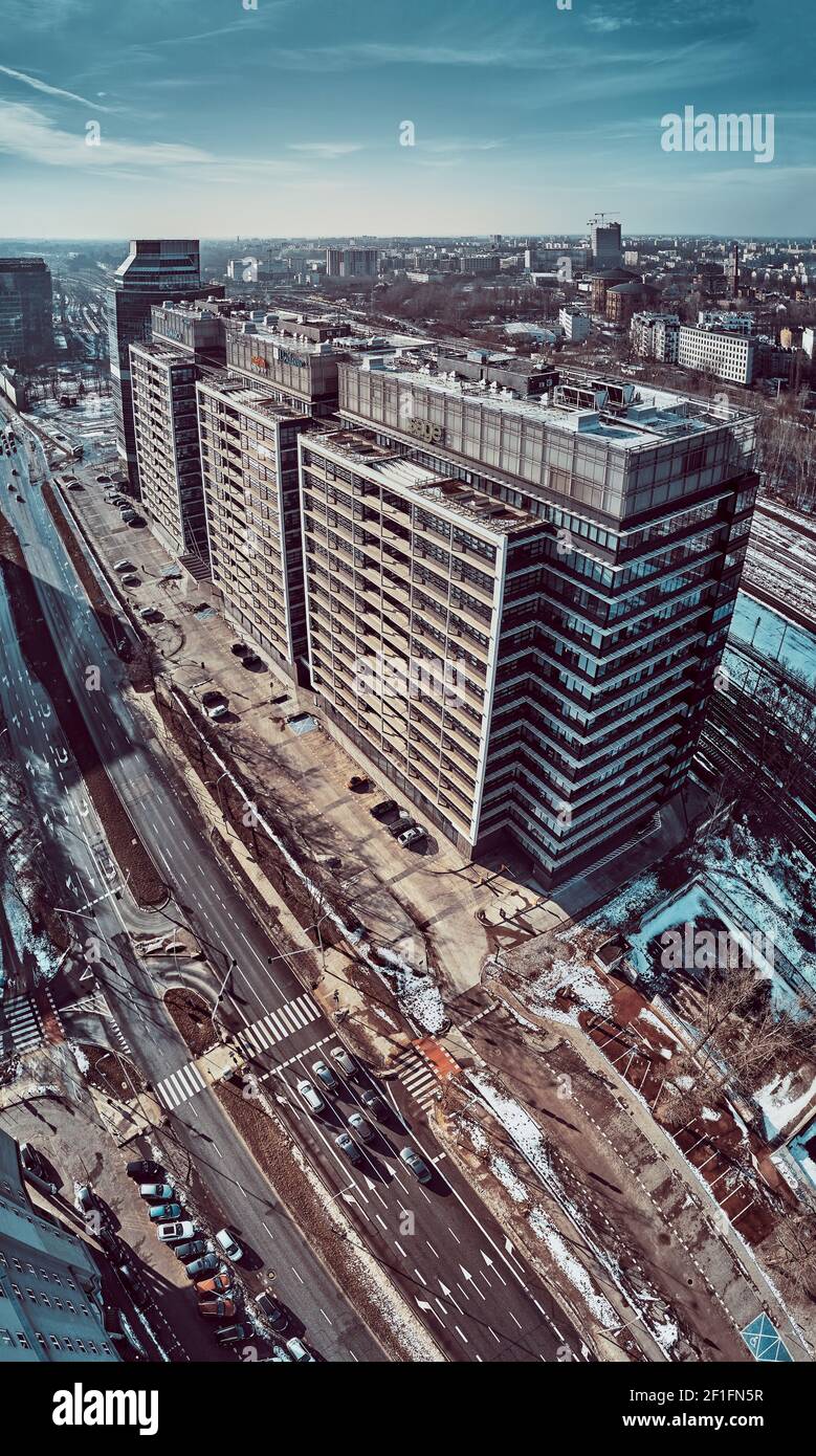 Beautiful panoramic aerial drone skyline view of the Warsaw City Centre ...