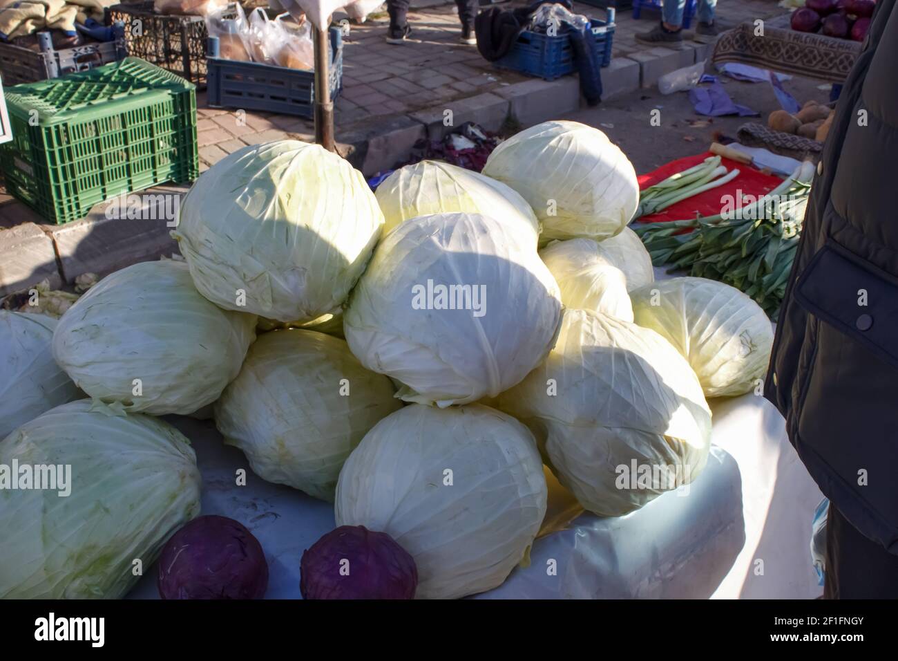 Lots of cabbage on the market stall. Healthy food materials Stock Photo ...