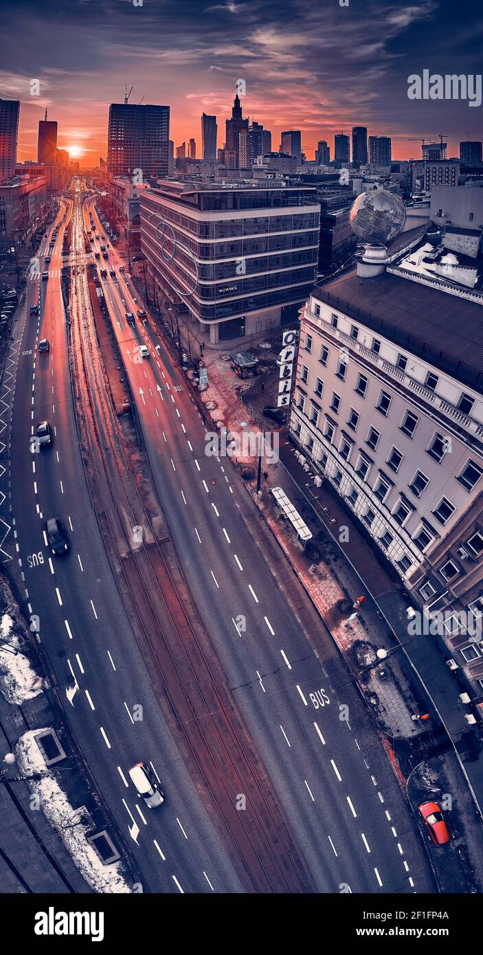 Beautiful panoramic aerial sunset drone skyline view of the Warsaw City ...
