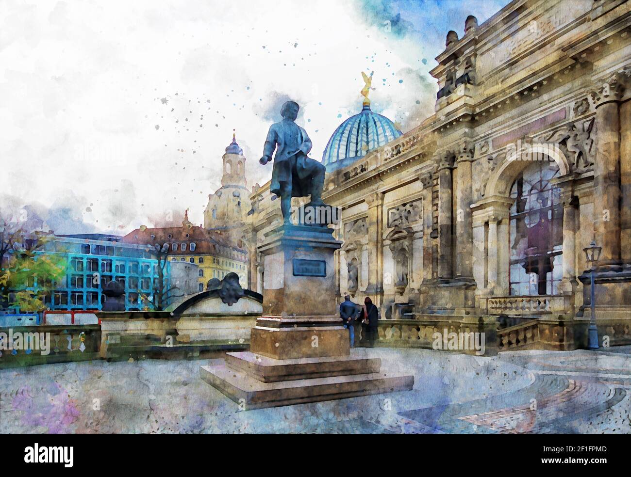 Watercolor painting of Dresden with its Bruehl terrace (Germany Stock ...