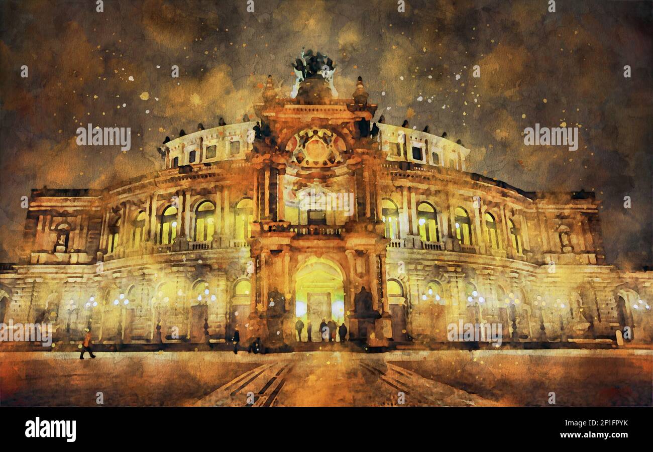 Watercolor painting of Dresden Semperoper opera house (Germany Stock ...