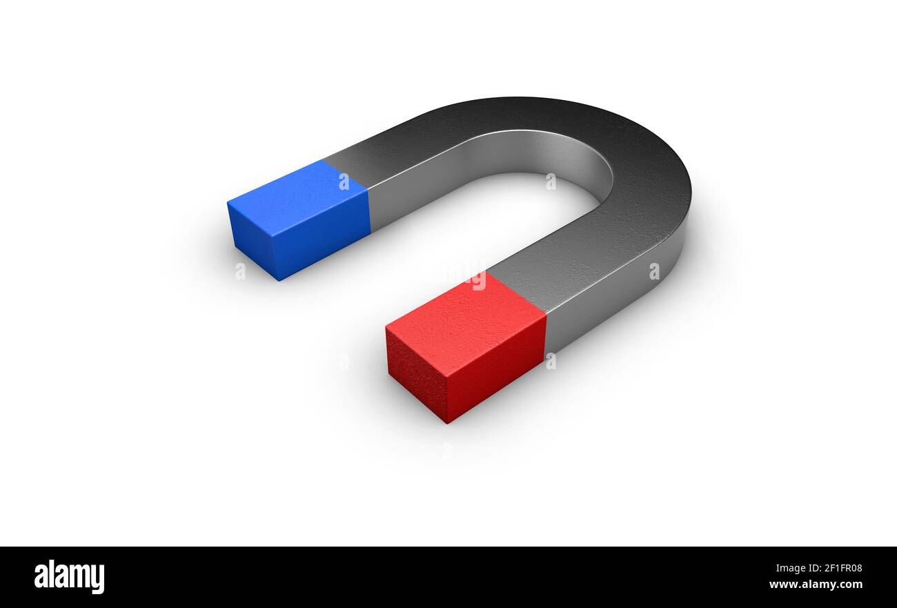 3D illustration of a magnet with north and south poles over white ...