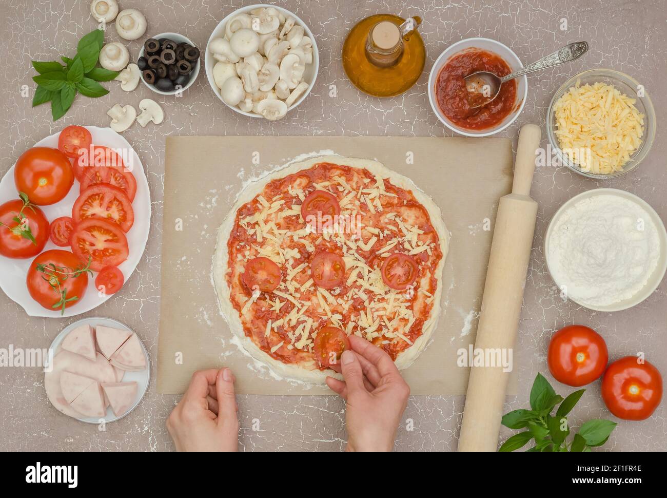 Step by step preparation of homemade pizza with ham, step 6 - put ...