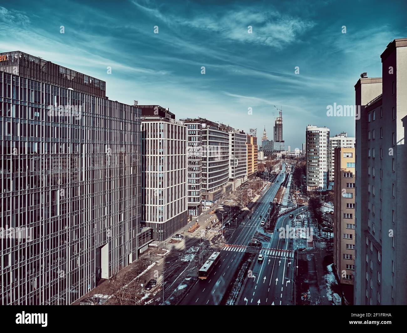 Beautiful panoramic aerial drone skyline view of the Warsaw City Centre ...