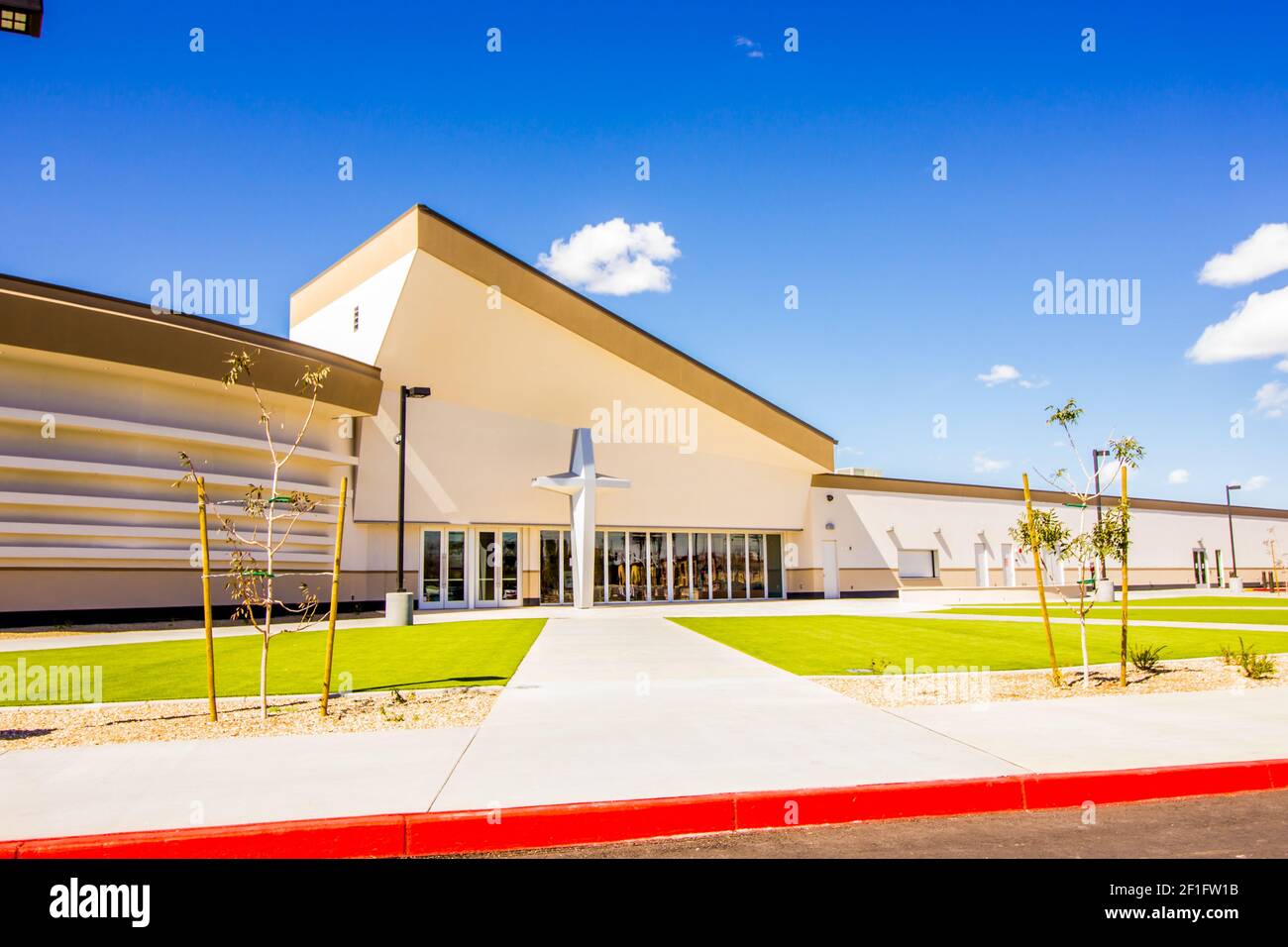 Modern Contemporary Church With Large Cross At Entrance Stock Photo - Alamy