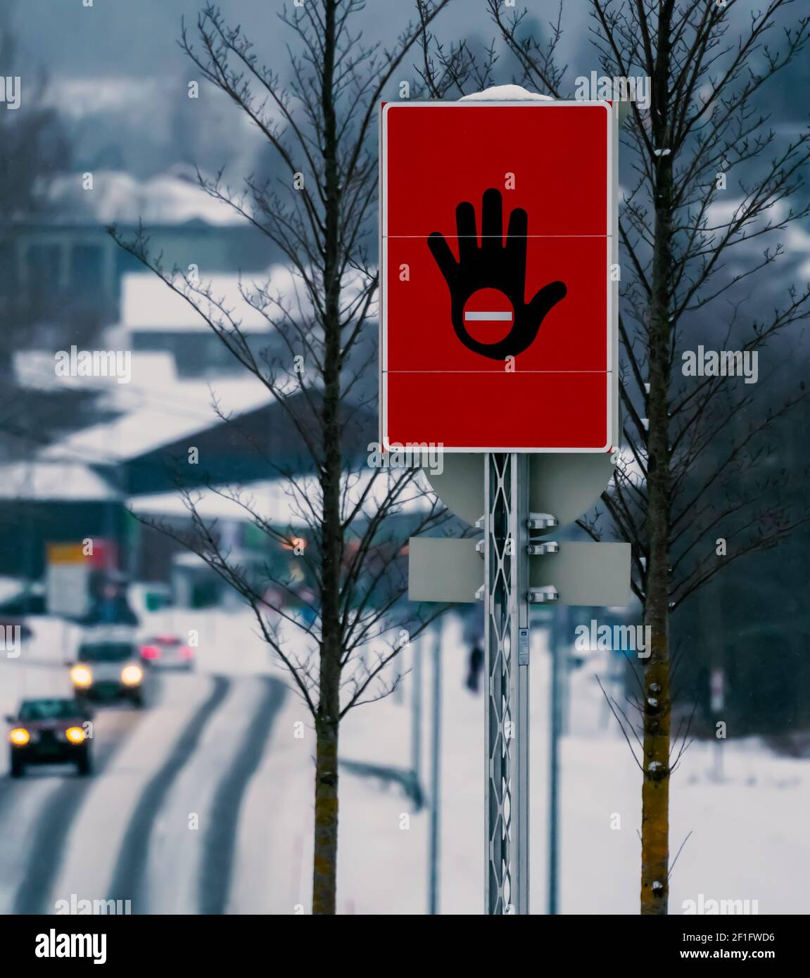 Red Stop warning sign with a hand on red background. Highway ramp ...