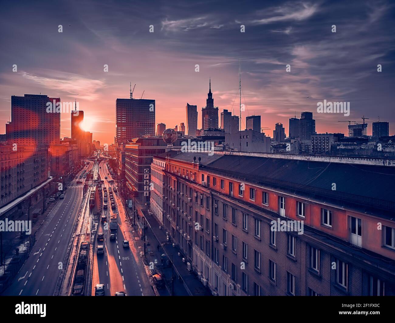 Beautiful panoramic aerial sunset drone skyline view of the Warsaw City ...