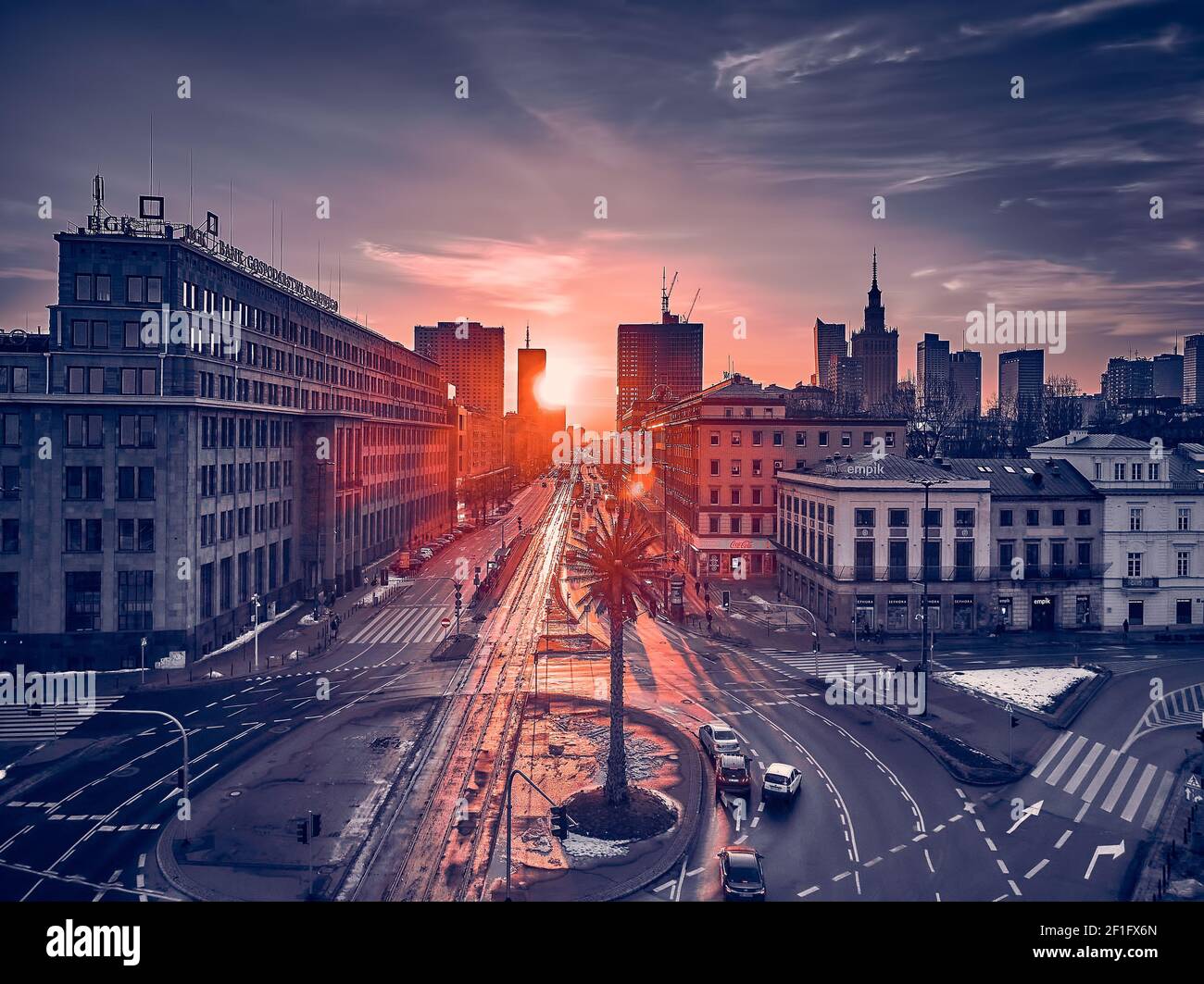 Beautiful panoramic aerial sunset drone skyline view of the Warsaw City ...