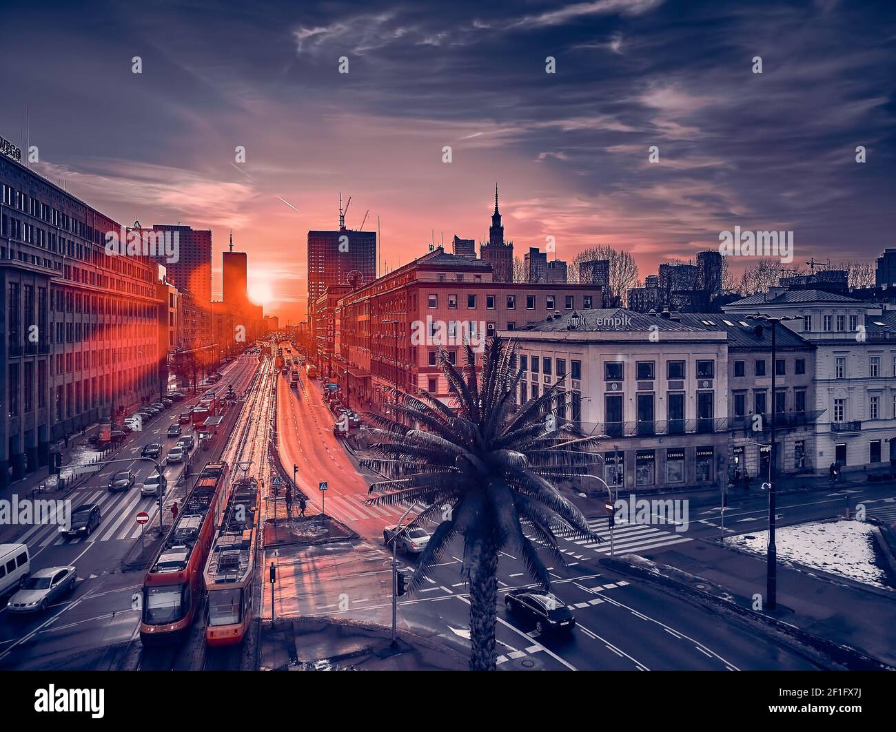Beautiful panoramic aerial sunset drone skyline view of the Warsaw City ...