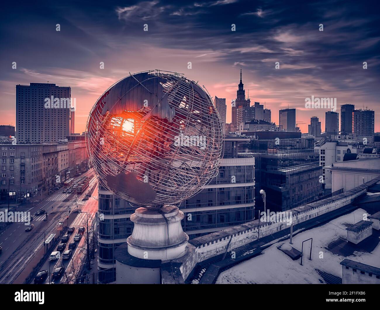 Beautiful panoramic aerial sunset drone skyline view of the Warsaw City ...